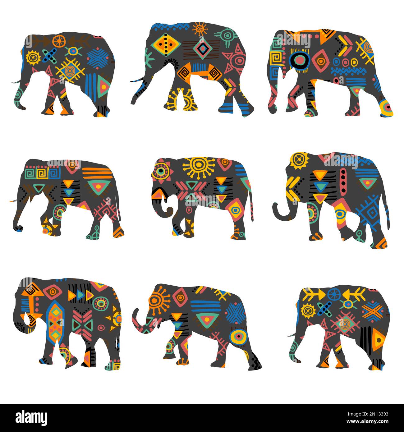 Set of colorful elephants with ethnic symbols pattern Stock Vector ...