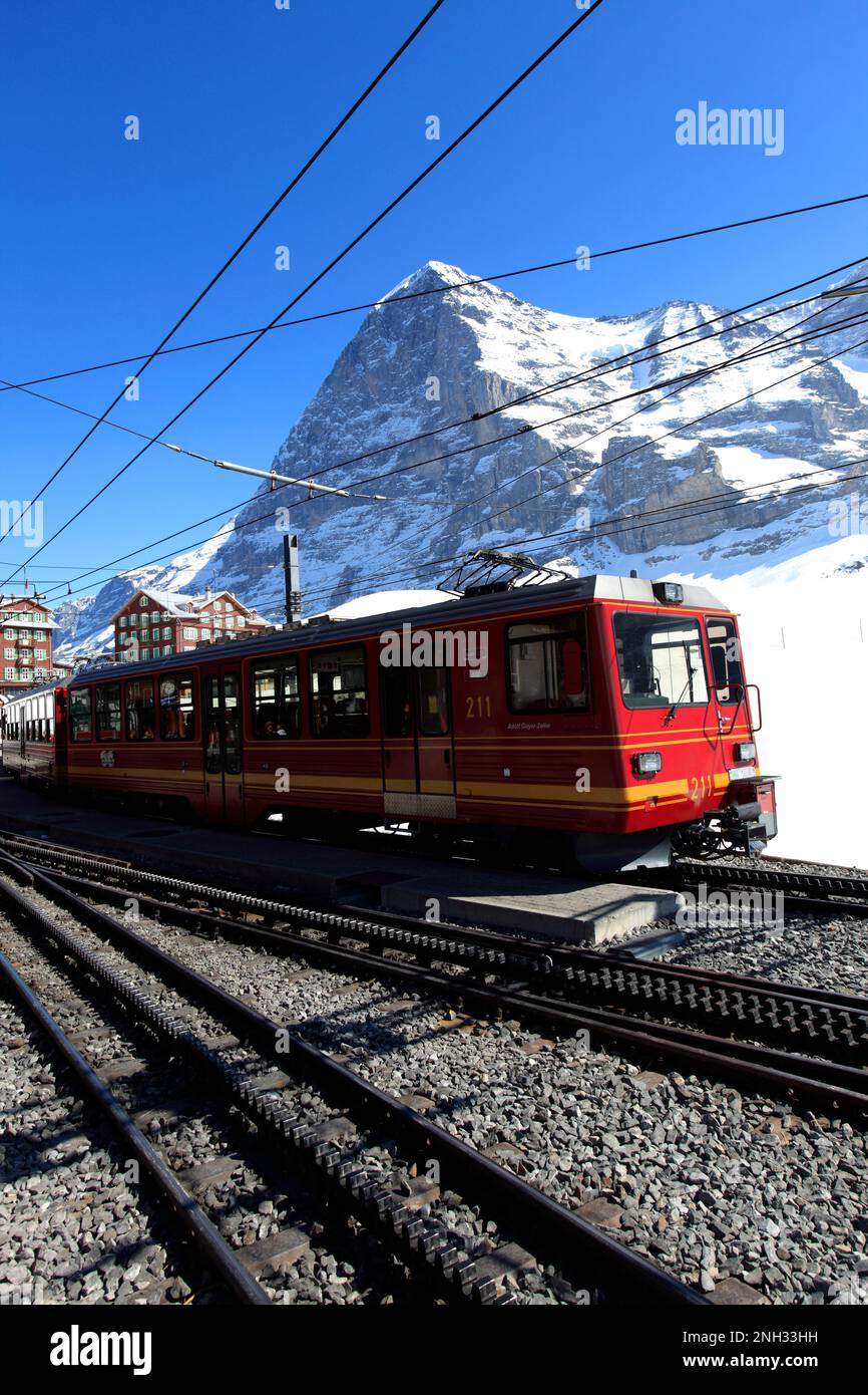 Jungfraubahn trains in the station at the ski resort of Kleine ...