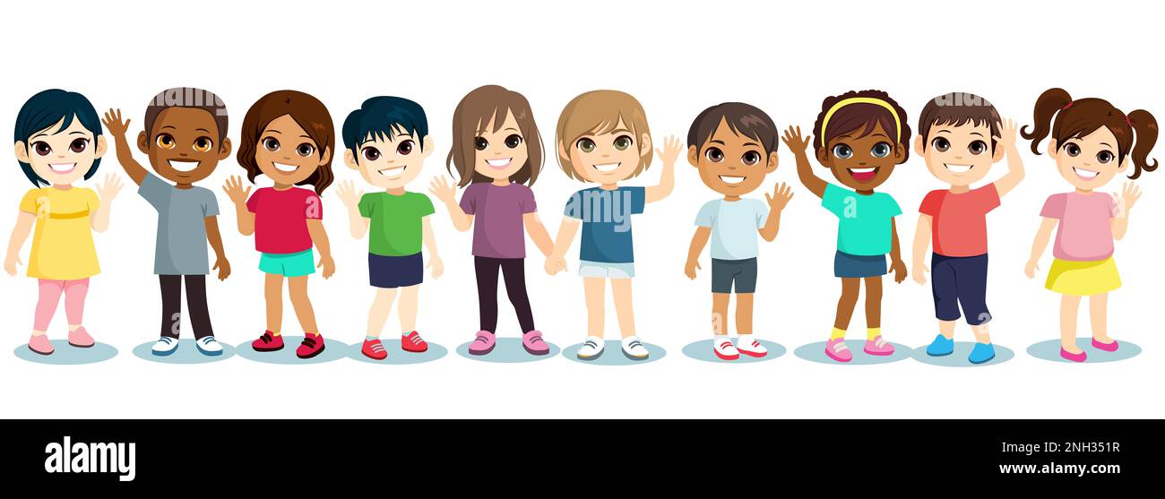 Vector illustration of happy smiling children boys and girls waving hands set isolated on white ...
