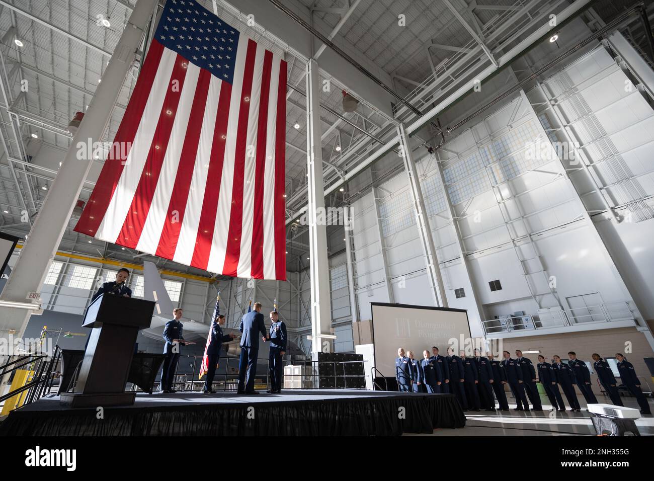 U.S. Air Force Maj. Gen. Corey Martin, center, 18th Air Force commander ...