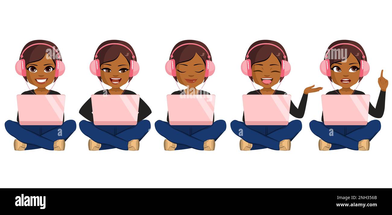 Vector illustration of young beautiful woman using laptop computer and ...