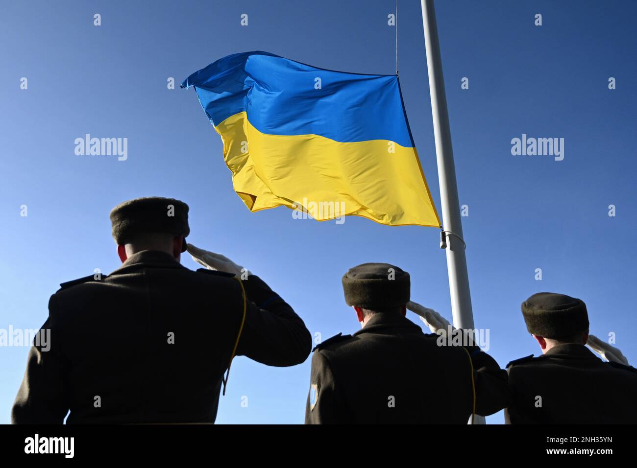 Ukrainian soldiers giving salute. Flag of Ukraine. Armed Forces of ...