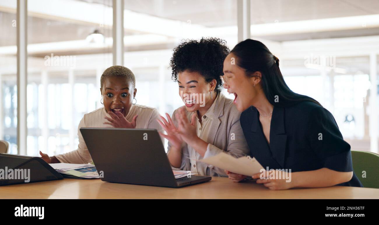 Corporate, women and applause with laptop, achievement and teamwork for ...