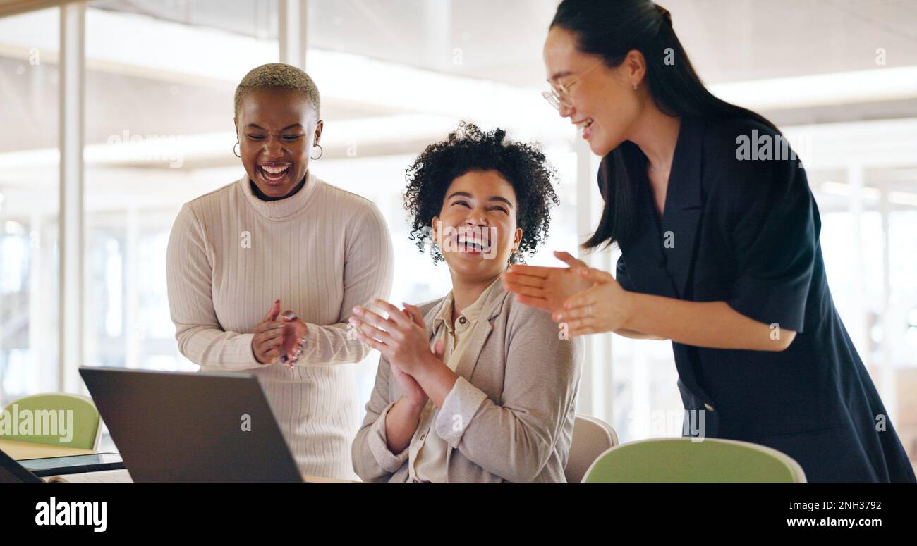 Corporate, women and applause with laptop, achievement and teamwork for ...