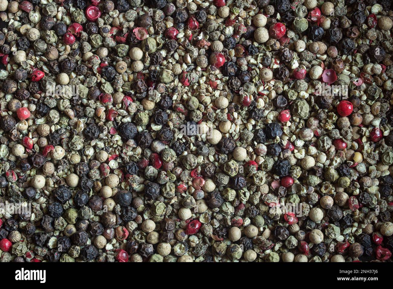Top-down view of mixed peppercorns in black, white, and green showing ...
