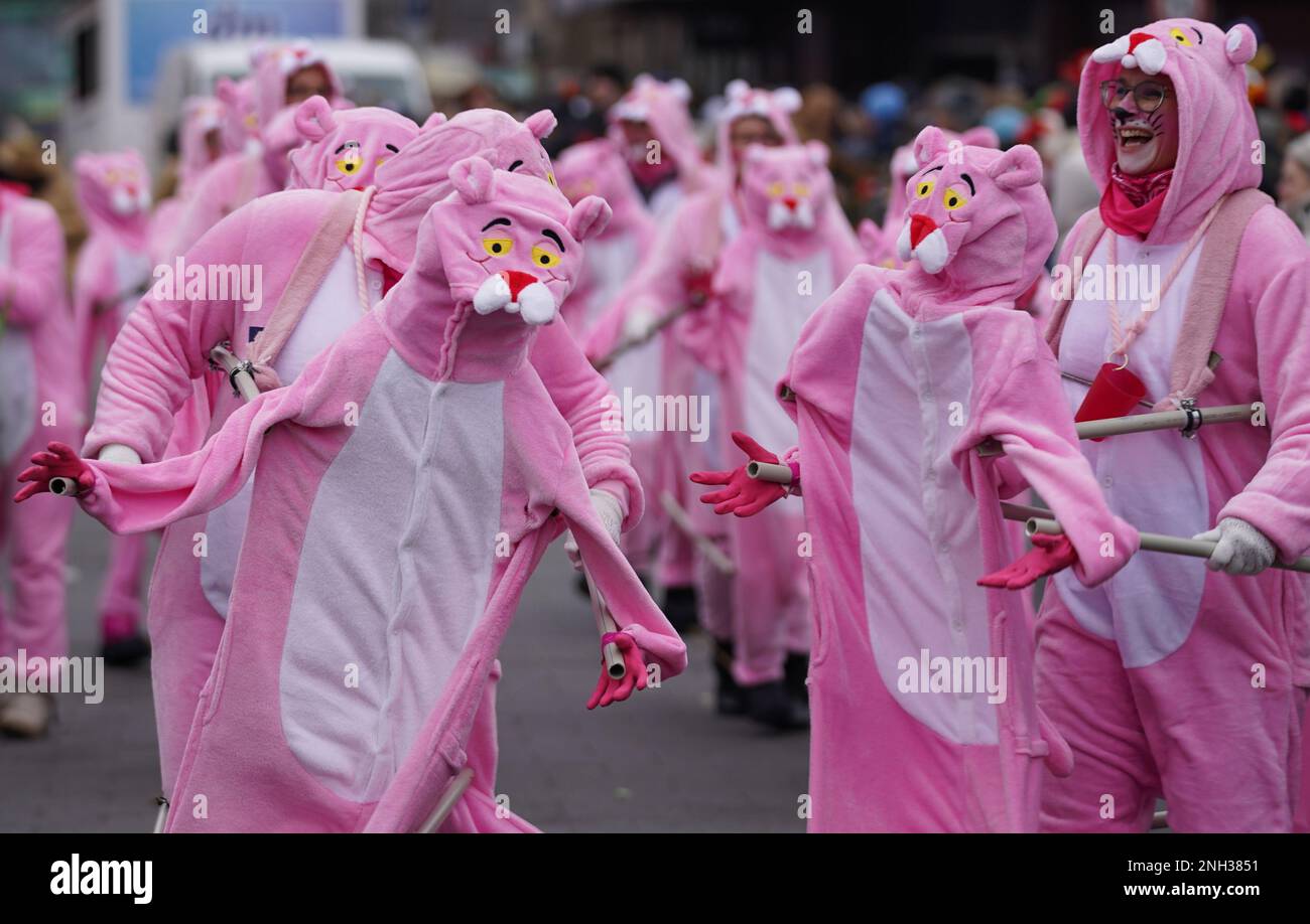 Marne, Germany. 20th Feb, 2023. Pink panthers walk through the city ...