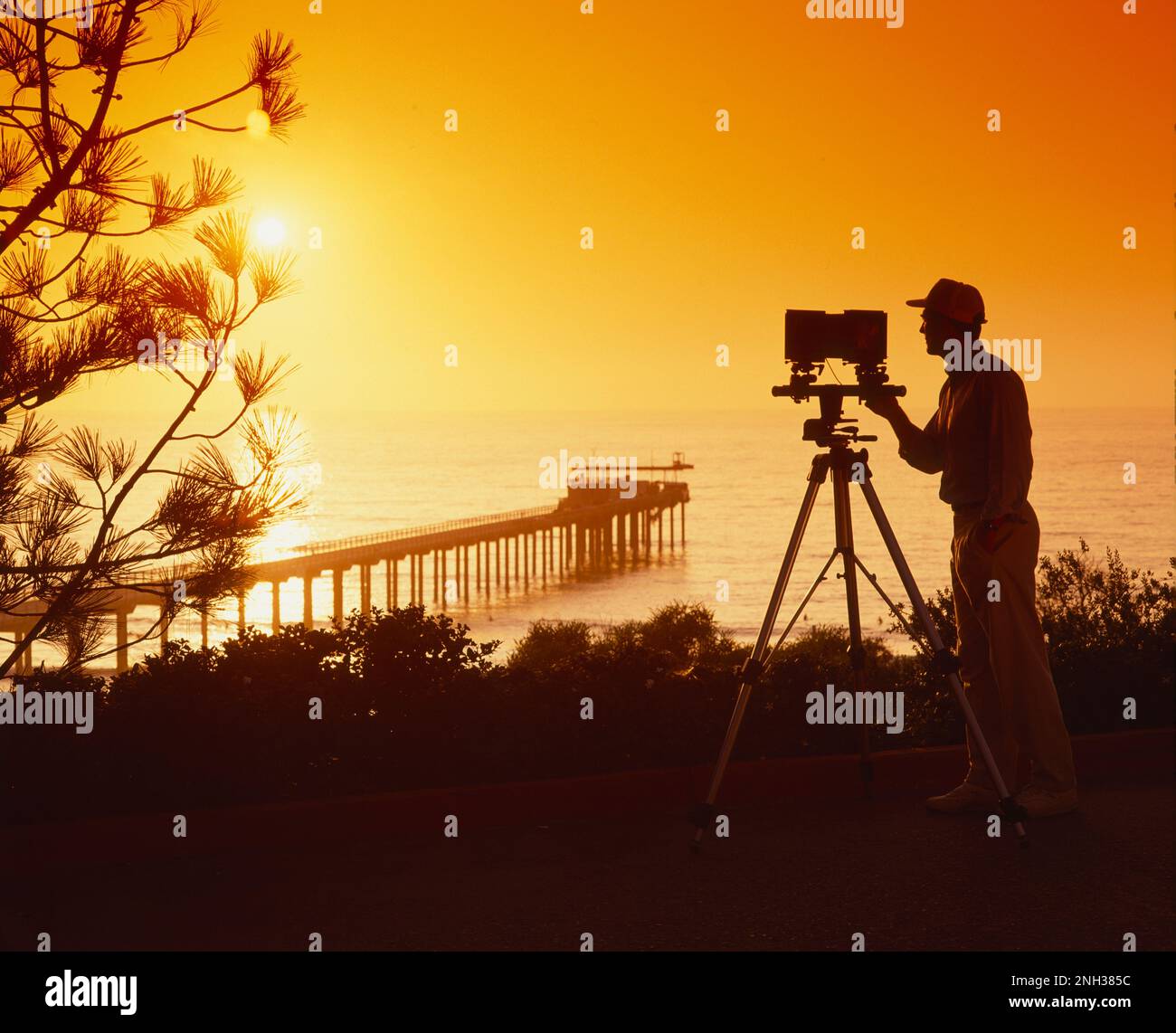 Silhouette of a man photographer, using a 4x5 camera on a tripod taking ...