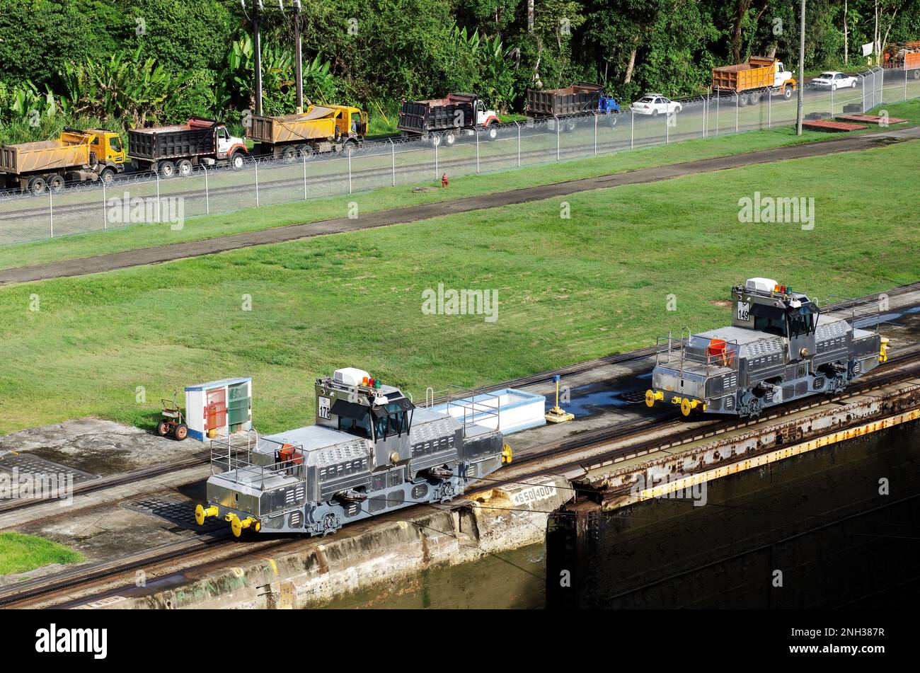 A view of a the train locomotive called a mule to guide ships through ...