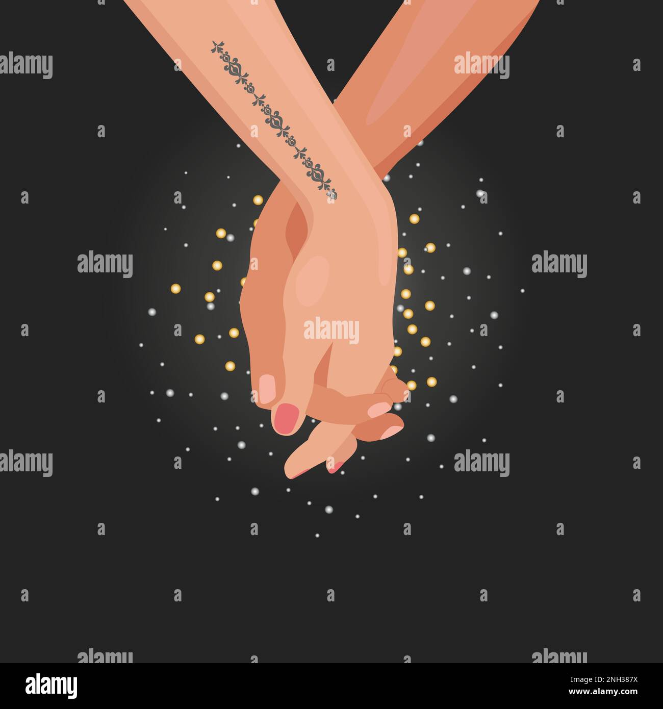 Hand in hand, Male hand holding female, romantic illustration on black ...