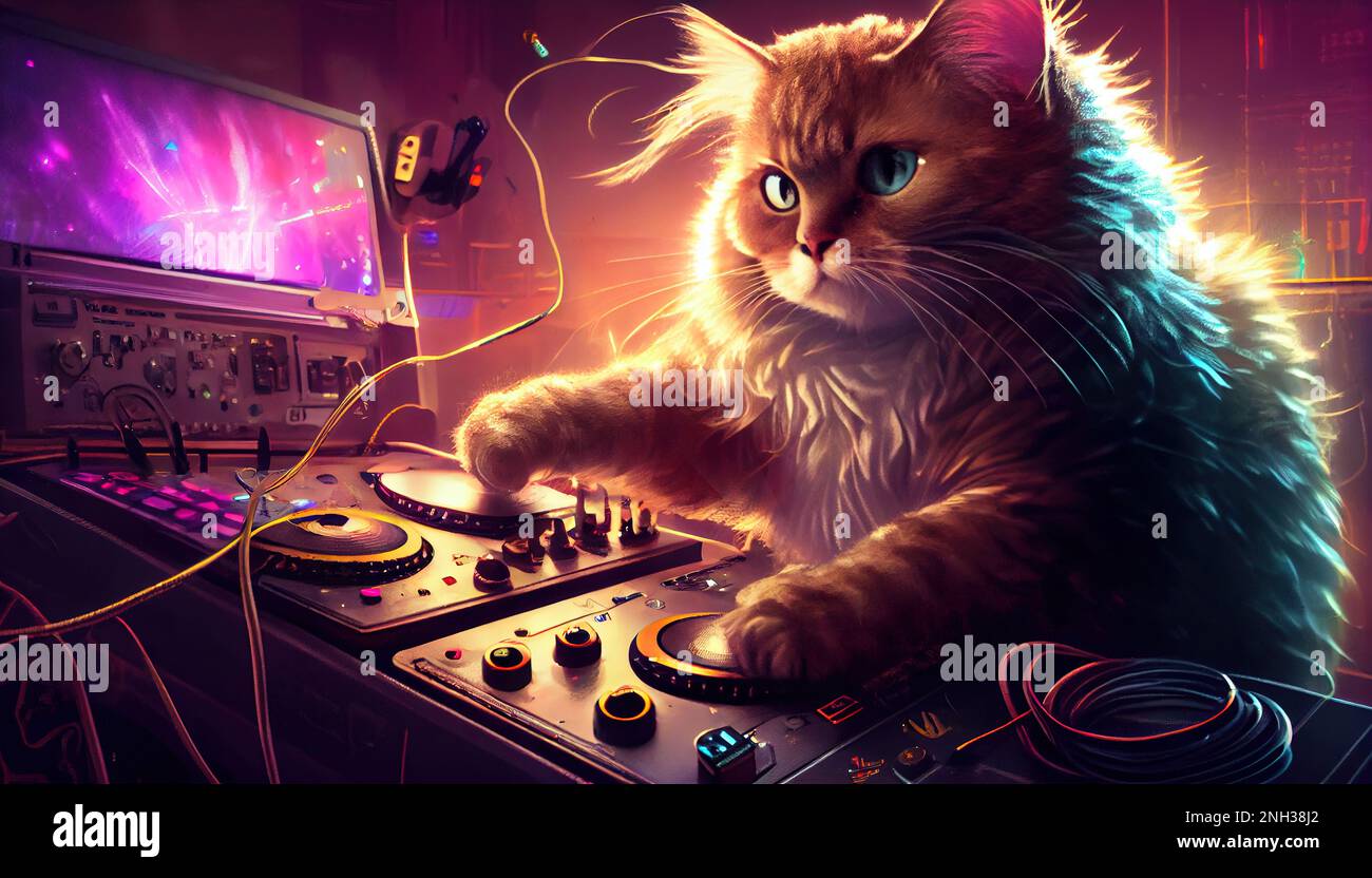 disc jockey cat at work playing records in night club Stock Photo - Alamy