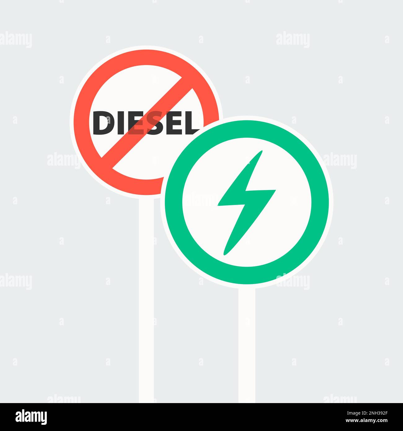 Road sign prohibiting diesel vehicles. Red crossed out circle. Road ...