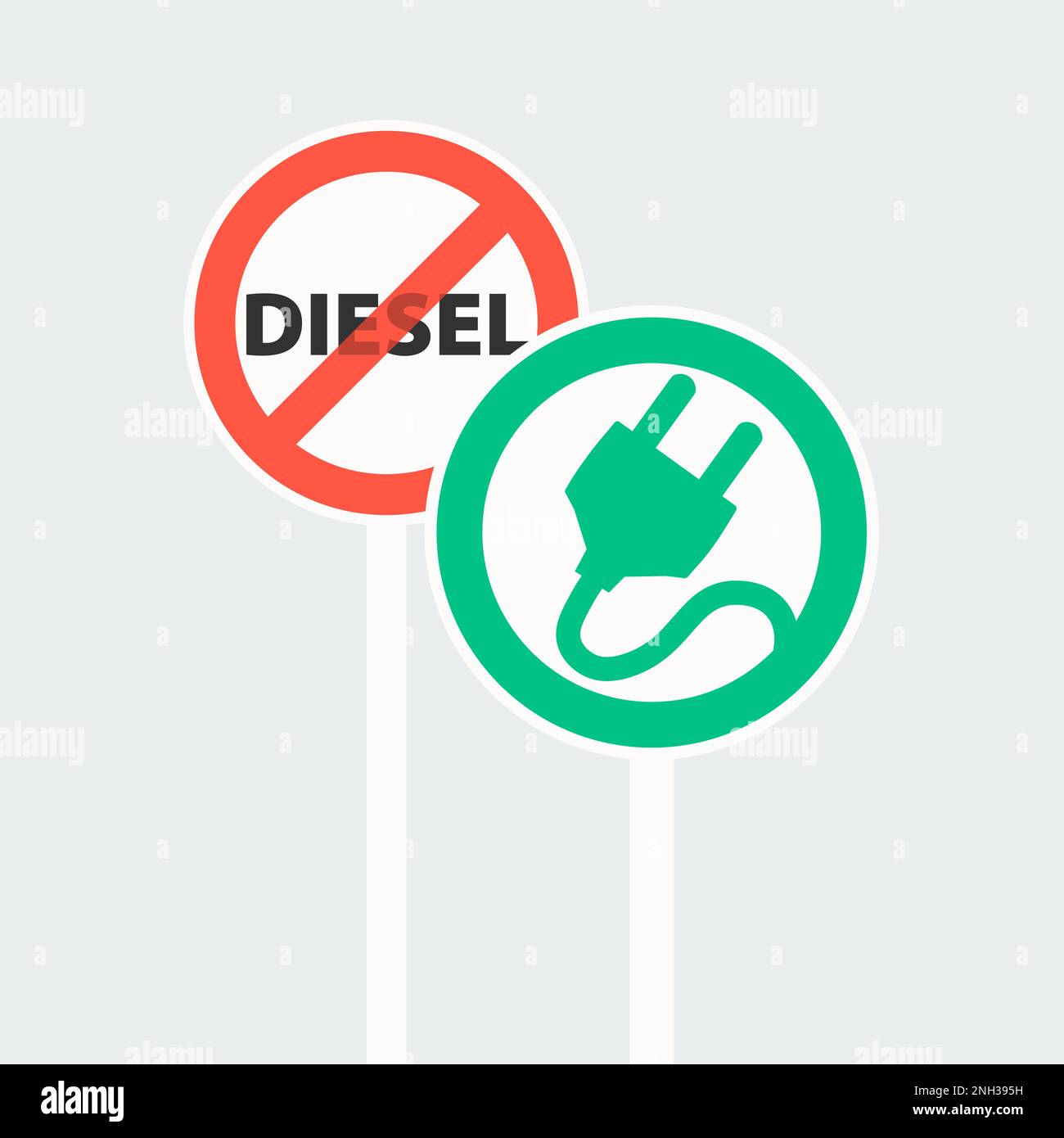 Road sign prohibiting diesel vehicles. Red crossed out circle. Road ...