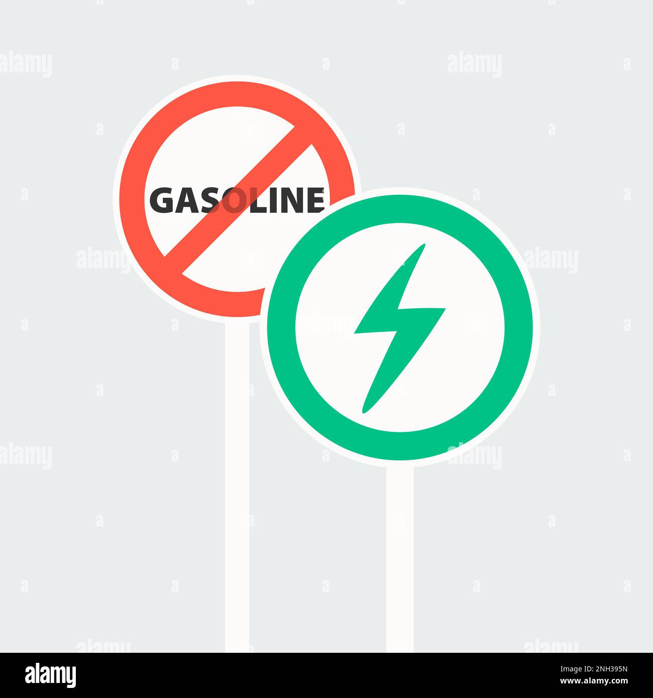 Road sign prohibiting gasoline vehicles. Red crossed out circle. Road ...