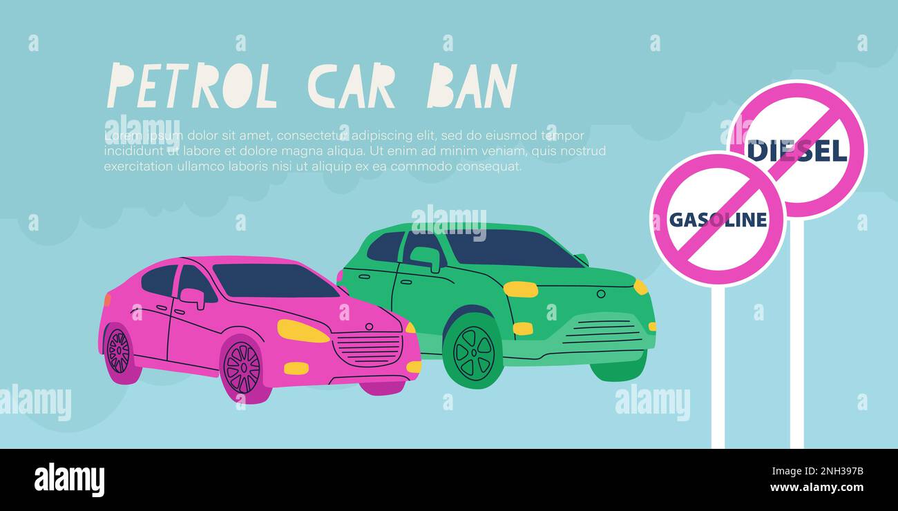 Lettering petrol car ban. Vector flat illustration to ban petrol and ...