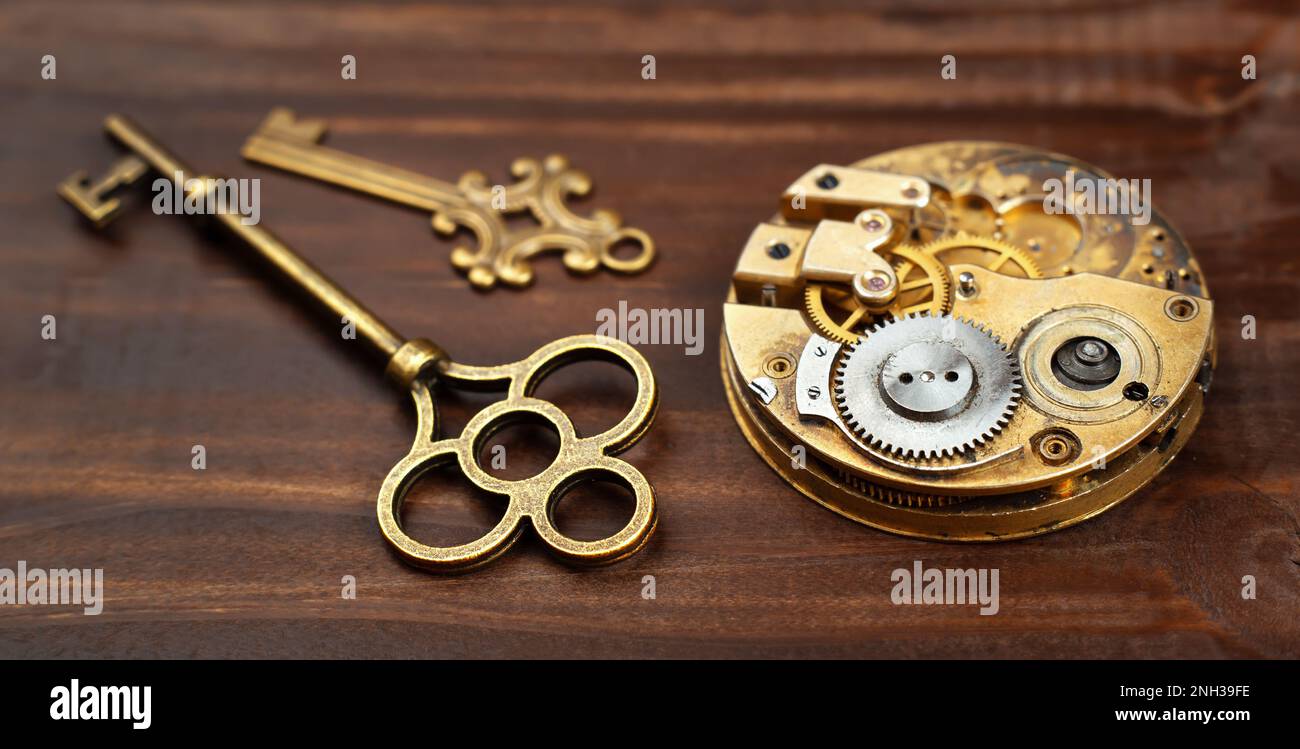 Old gold vintage keys with antique clockwork, escape room game banner ...