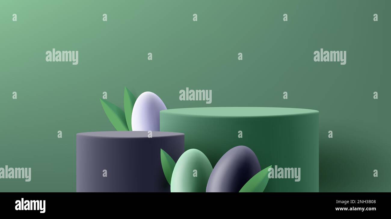 Spring Easter podium, cylinder pedestal with eggs in grass, green and ...