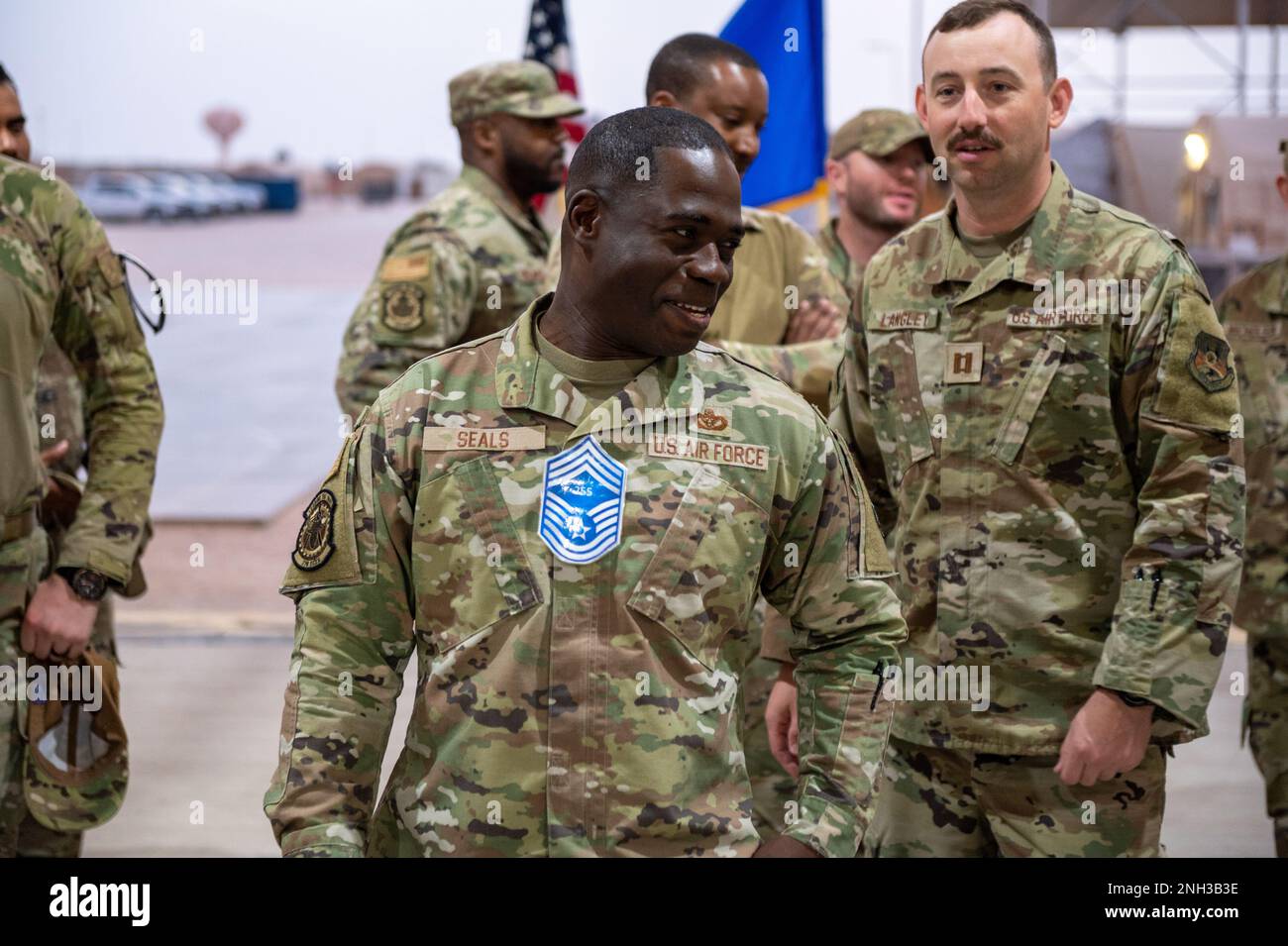 U.S. Air Force Senior Master Sgt. Justin Seals, smiles during a chief ...