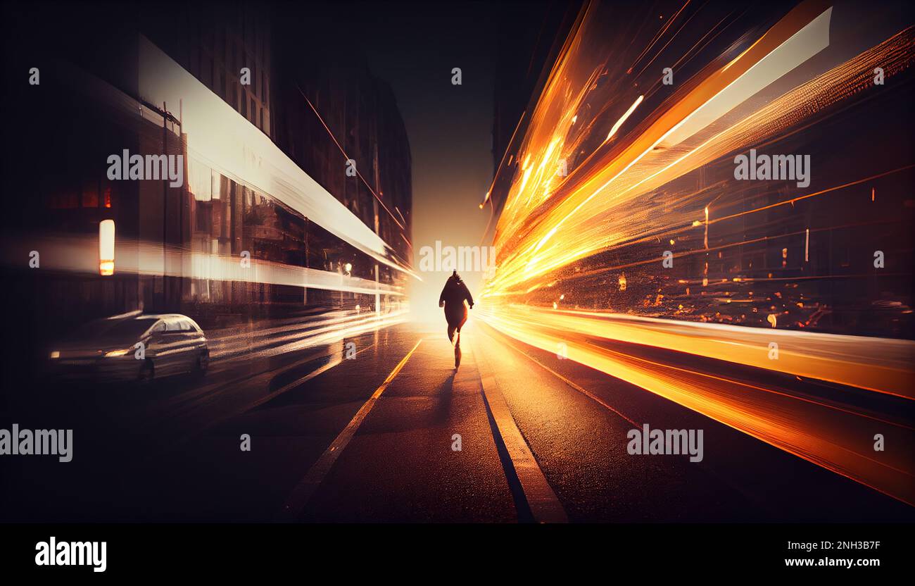 highway concept in bright golden colors, in night with runner Stock ...