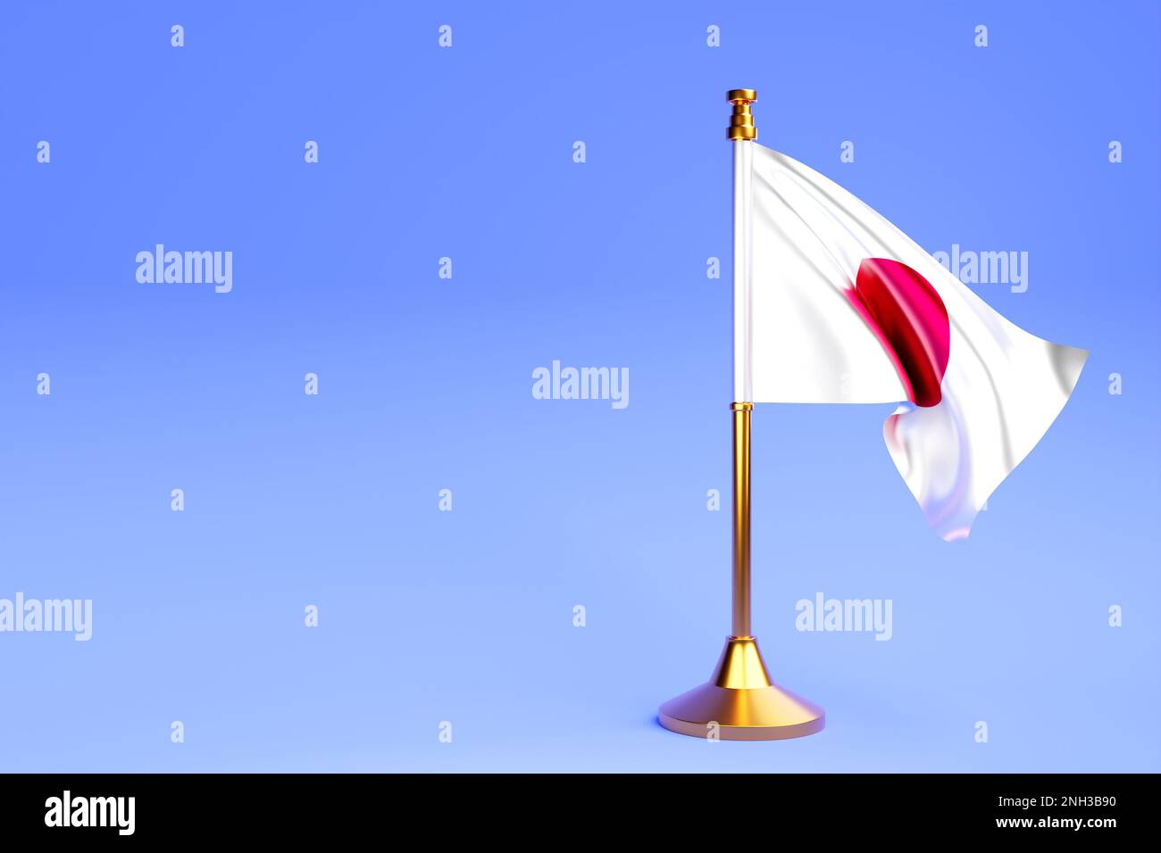 Realistic national flag of Japan on steel pole on blue isolated ...