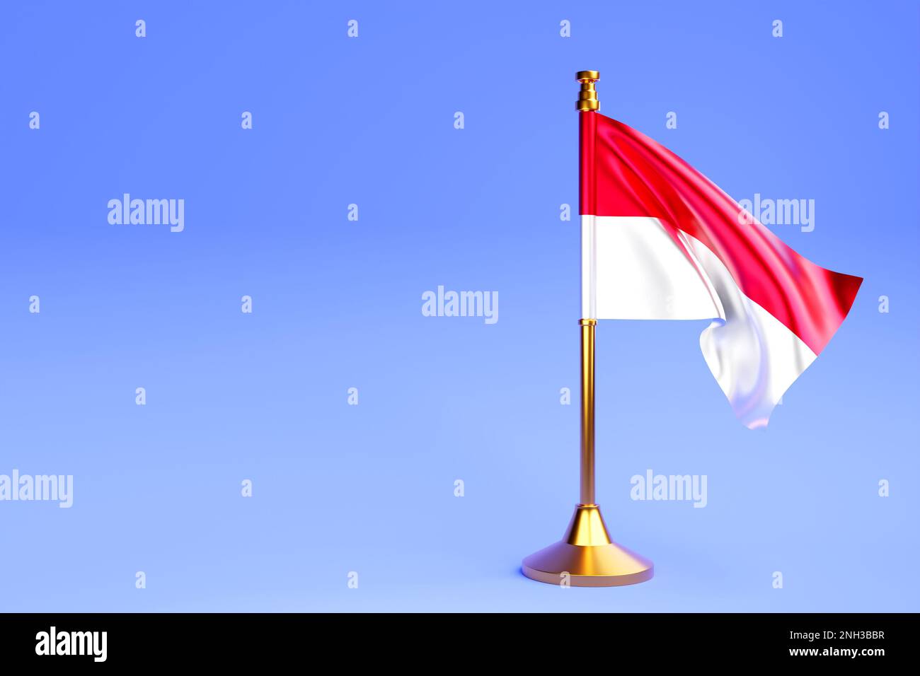 Realistic national flag of Monaco on steel pole on blue isolated background. Blank table flag ...