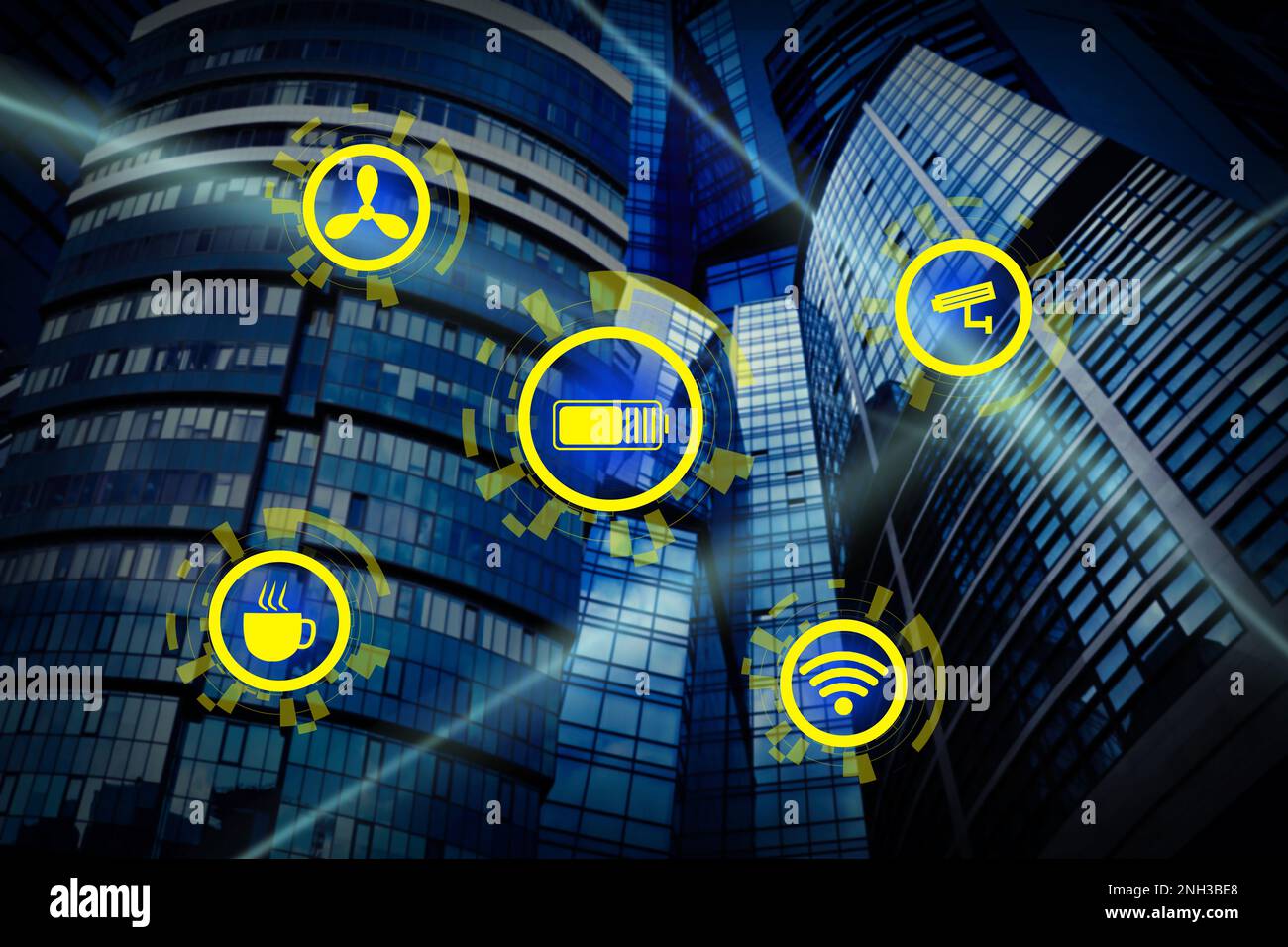 Different virtual icons and modern buildings on background. Smart city ...