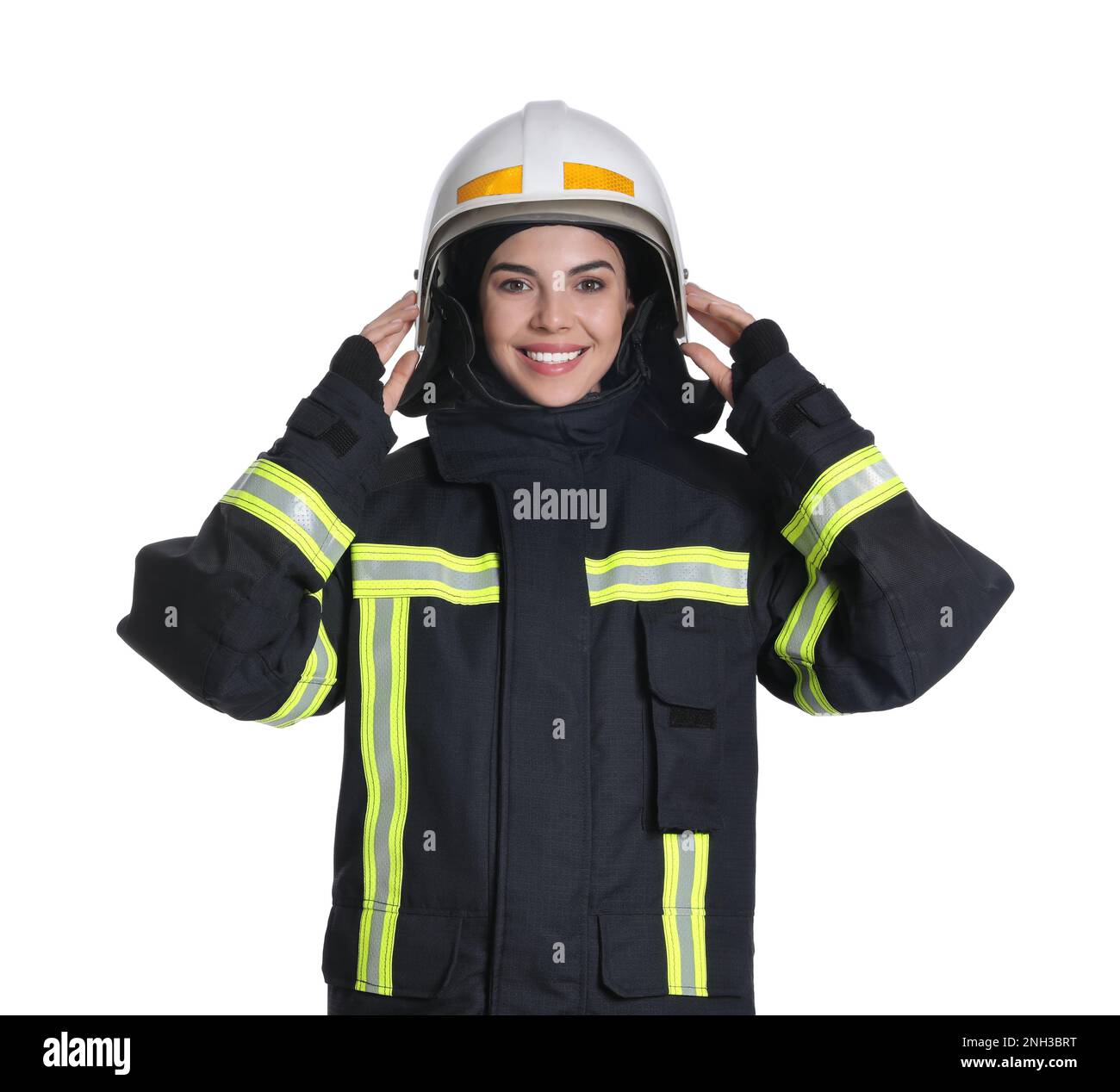 Portrait of firefighter in uniform and helmet on white background Stock ...