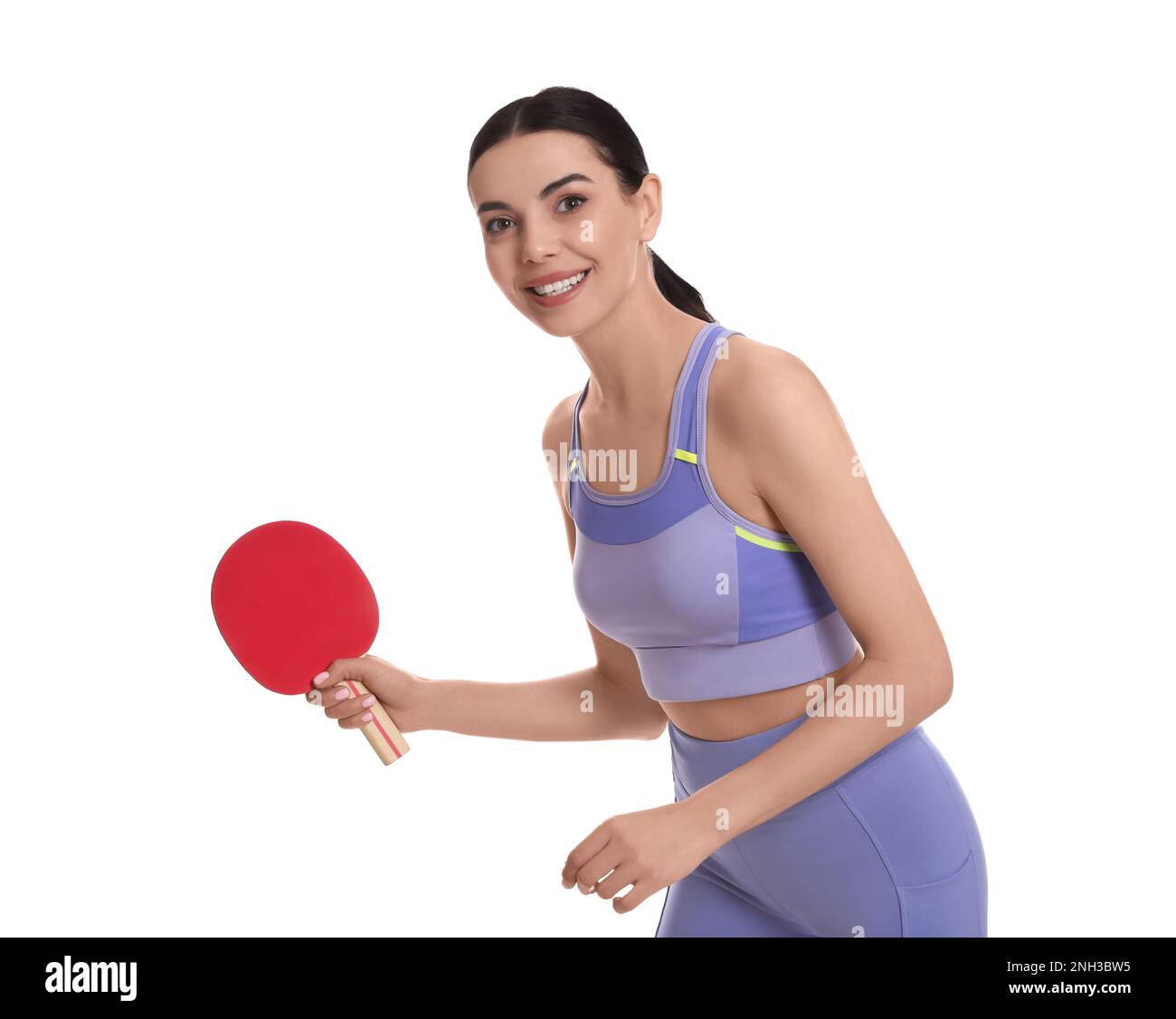 Beautiful young woman with table tennis racket on white background ...