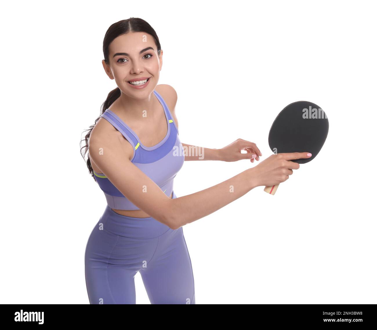 Beautiful young woman with table tennis racket on white background ...