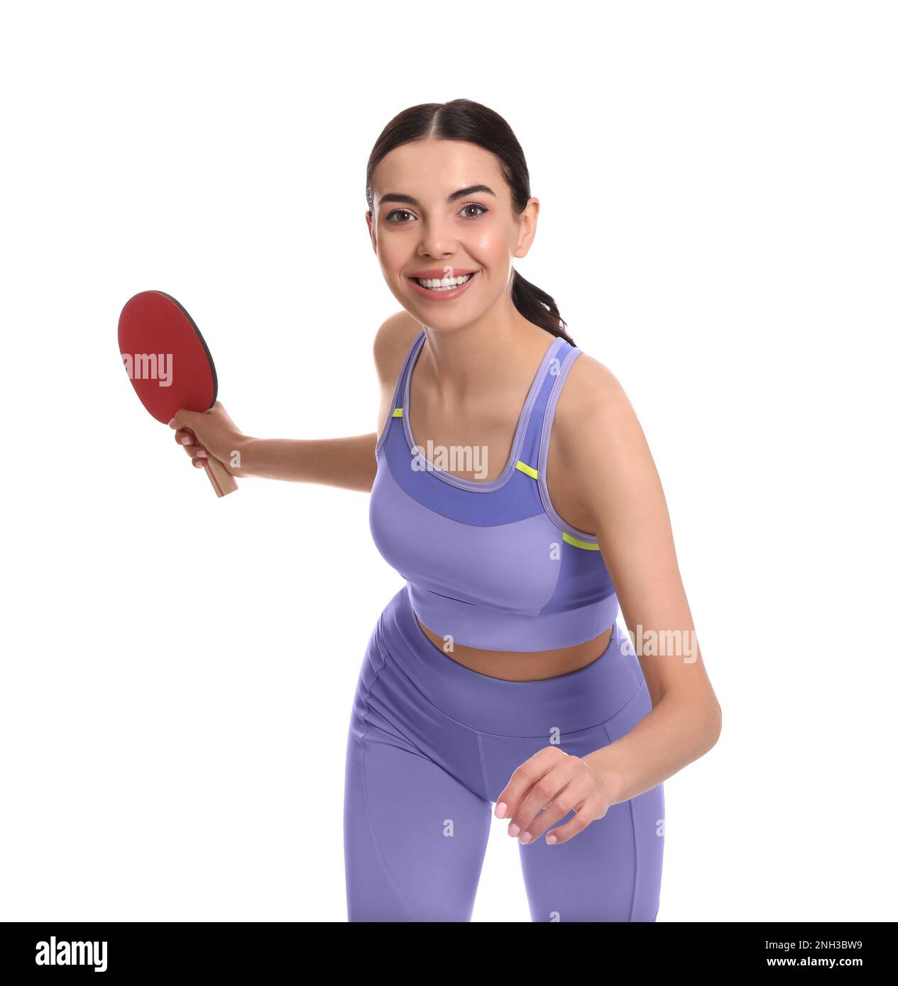 Beautiful young woman with table tennis racket on white background ...