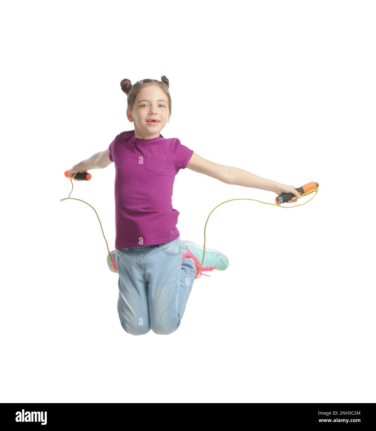 Cute little girl with jump rope on white background Stock Photo - Alamy