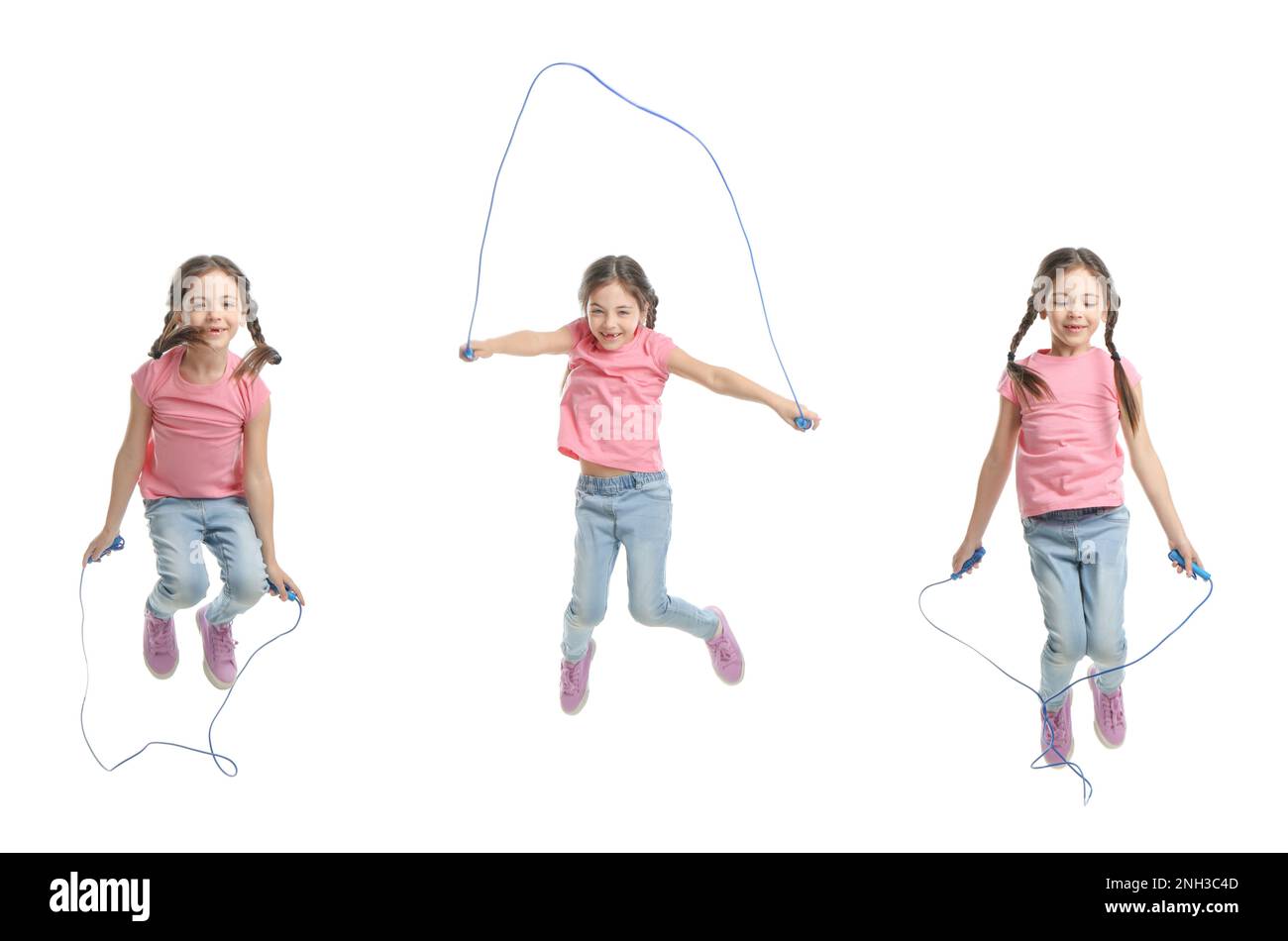 Cute happy girl with jumping rope on white background, collage. Banner ...
