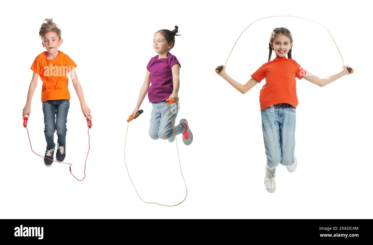 Cute happy children with jumping ropes on white background, collage ...