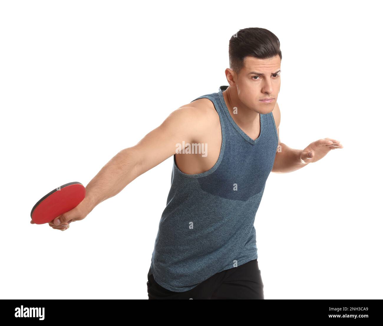 Handsome man with table tennis racket on white background. Ping pong ...