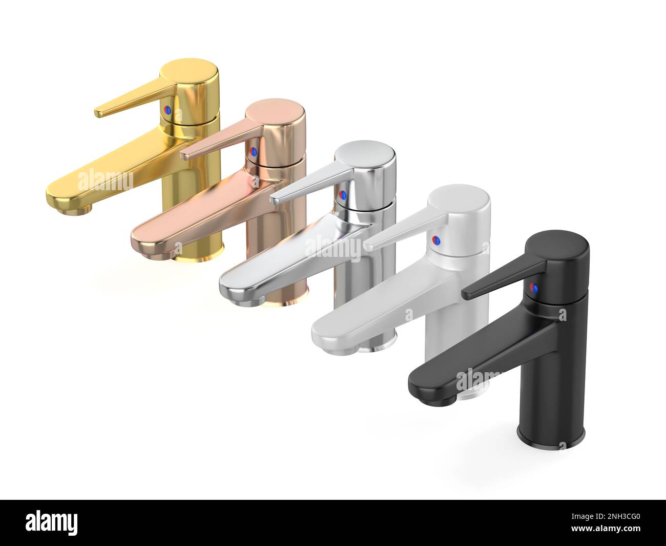Five bathroom faucets with different colors and materials on white ...