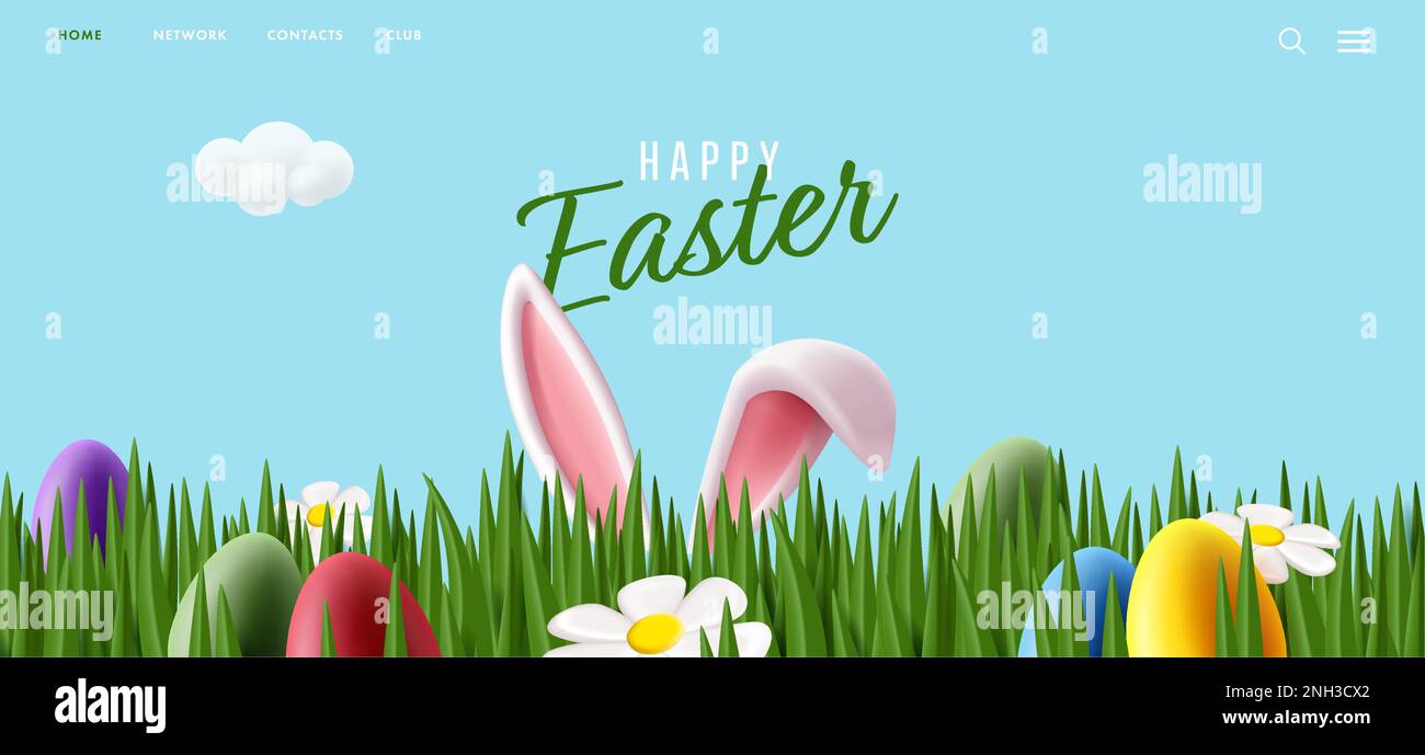 Easter background with green grass and eggs hidden in it with bunny ...