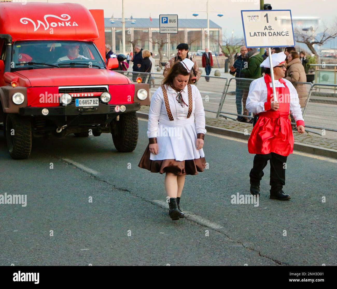 Evening carnival parade with a Willy Wonka themed float in the Spanish ...