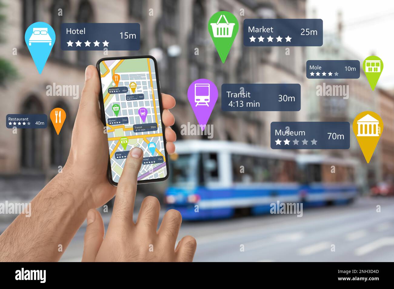 Tourist using online guide application on smartphone for navigation in ...