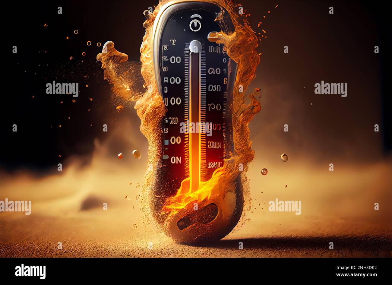 climate change concept thermometer in fire, heat wave, danger Stock ...