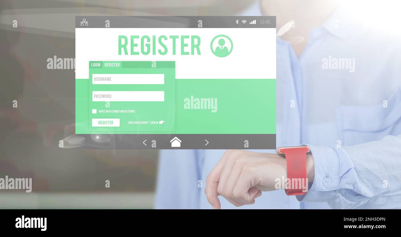 Composition of screen with registration data over businessman with ...