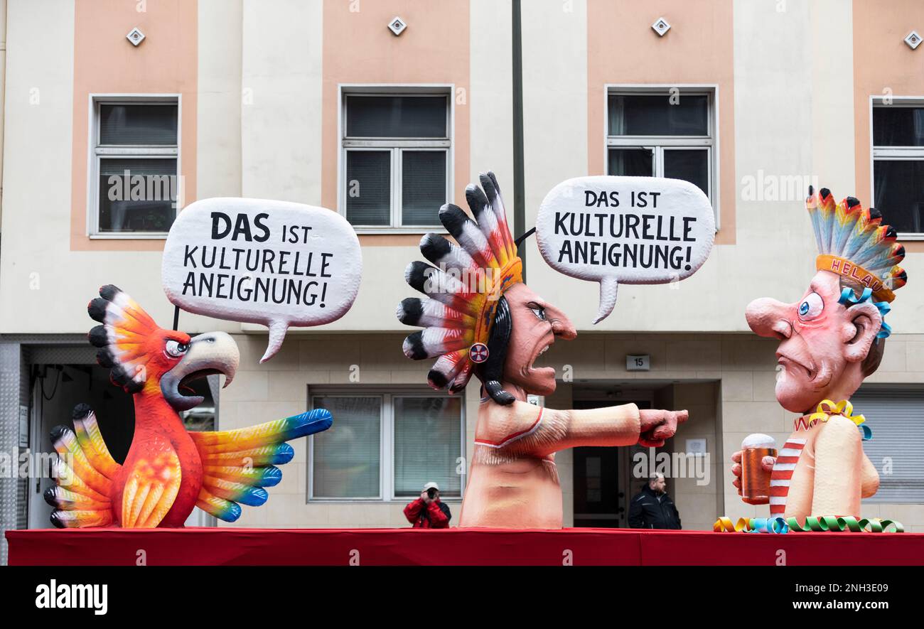 20 February 2023, Düsseldorf, Germany. Politically themed floats ...
