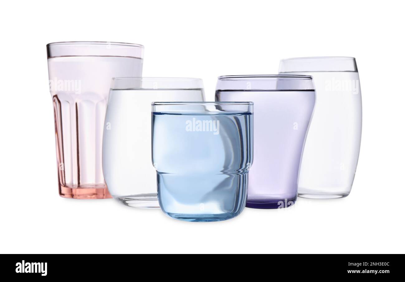 Different glasses of water on white background Stock Photo - Alamy