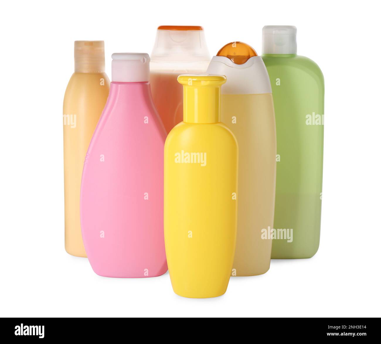 Many different shower gel bottles on white background Stock Photo - Alamy