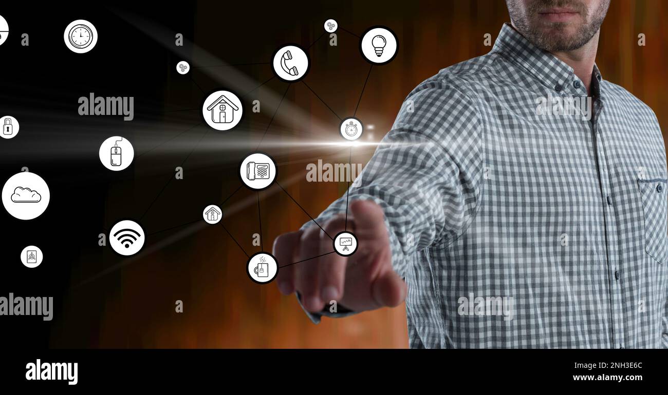 Composition of businessman touching screen with digital online icons ...