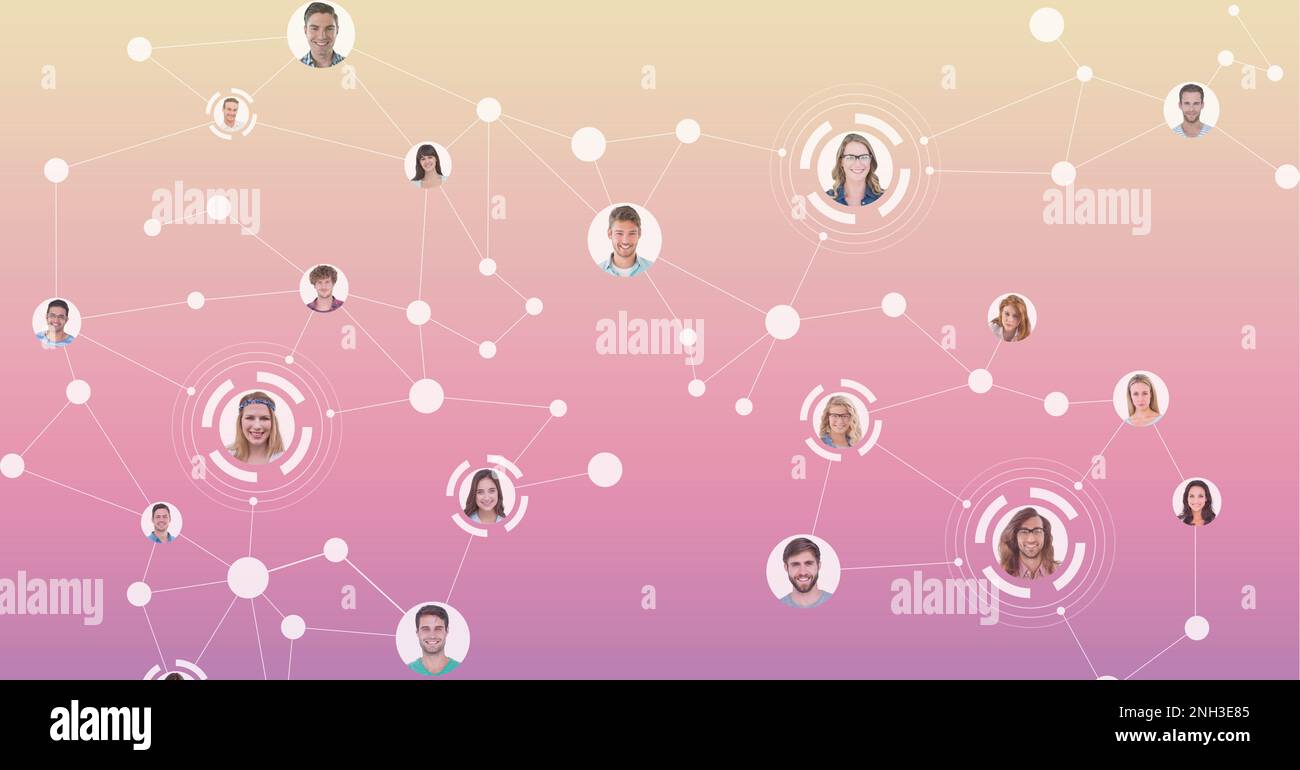 Composition of network of people photographs on pink background. global ...