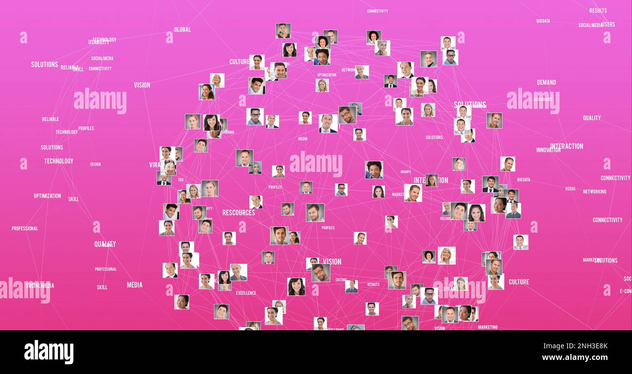 Composition of people's photographs, business text with network of ...