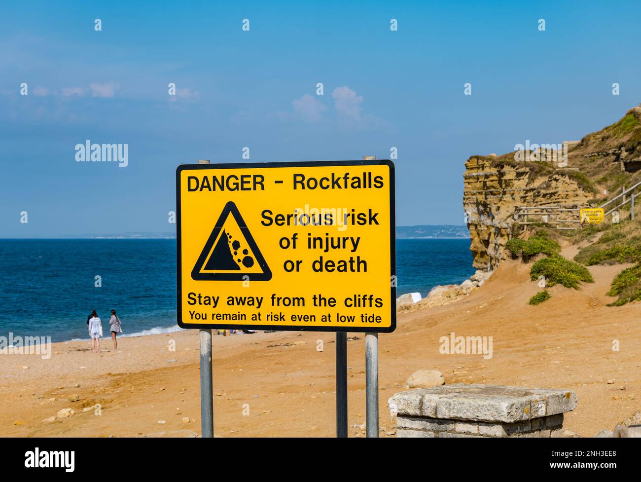 Danger of rockfall warning sign on Jurassic coast, Hive Beach, Burton ...