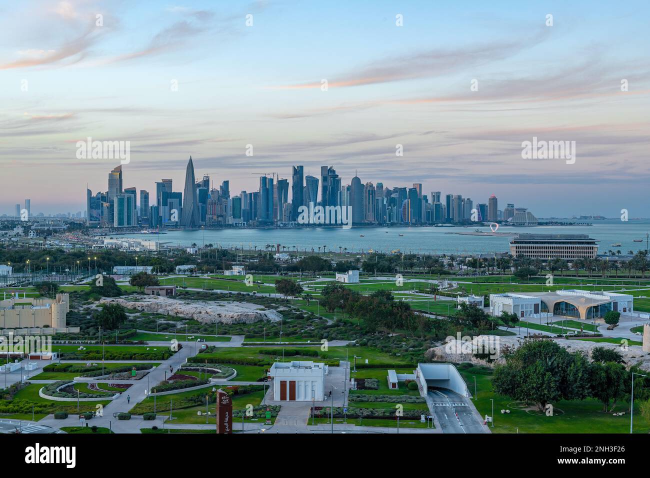 The Panoramic skyline of Doha, Qatar during sunrise Stock Photo - Alamy
