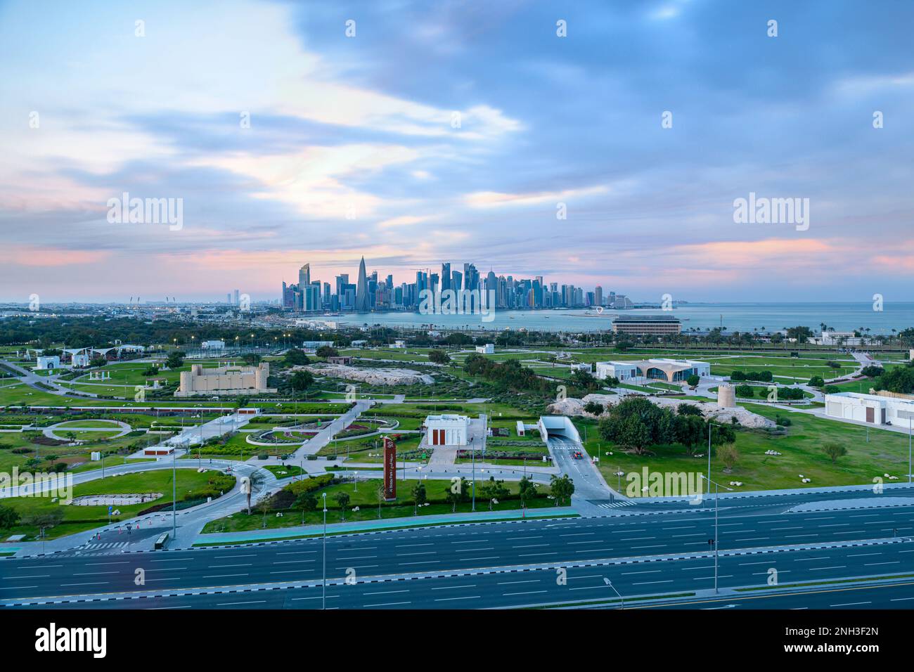 The Panoramic skyline of Doha, Qatar during sunrise Stock Photo - Alamy