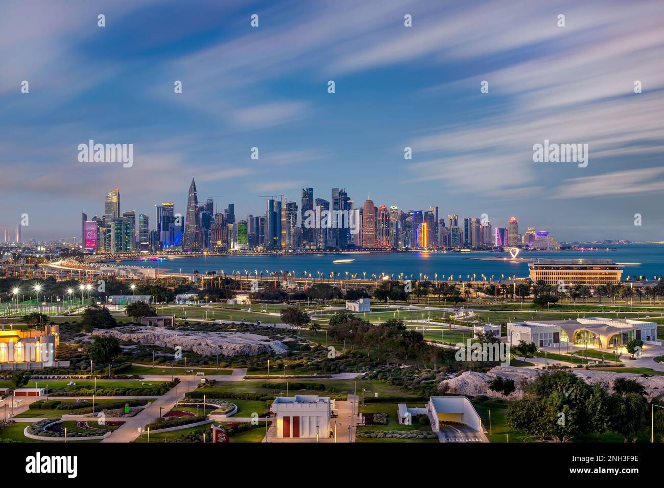 The Panoramic skyline of Doha, Qatar during sunrise Stock Photo - Alamy