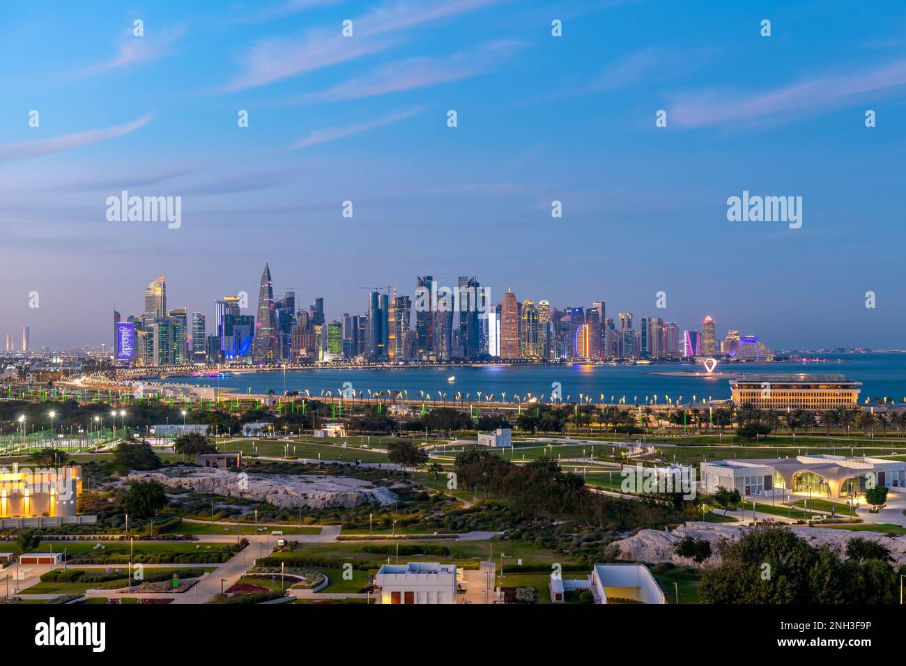 The Panoramic skyline of Doha, Qatar during sunrise Stock Photo - Alamy